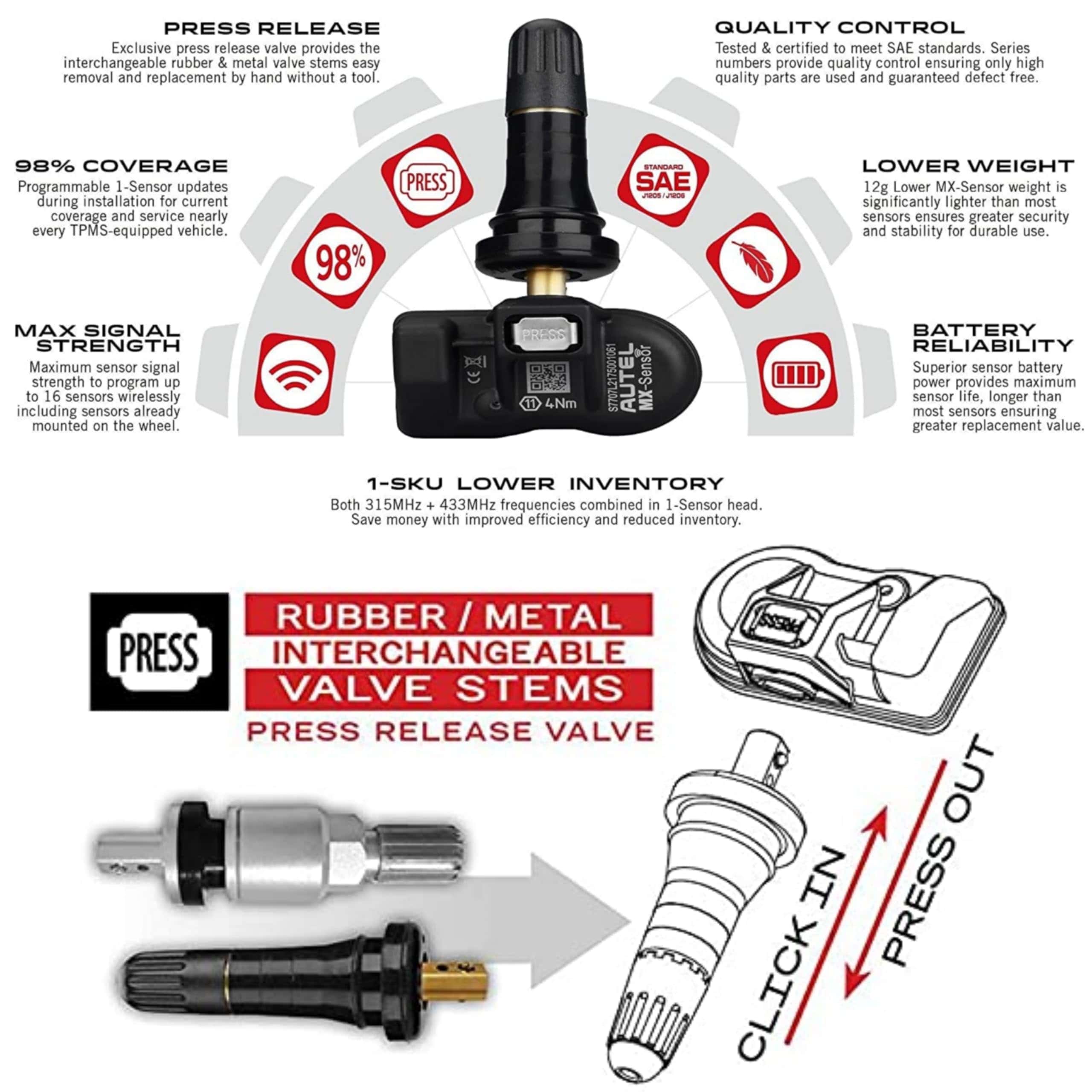 Autel MaxiTPMS MX Sensor 4pcs Pack Rubber Stem 315/433MHz – Lapson México